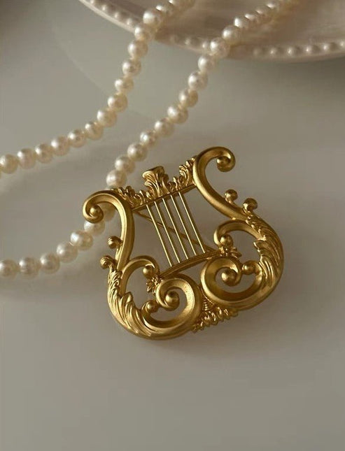 Classic Gold Harp Brooch - Red Retro Jewelry